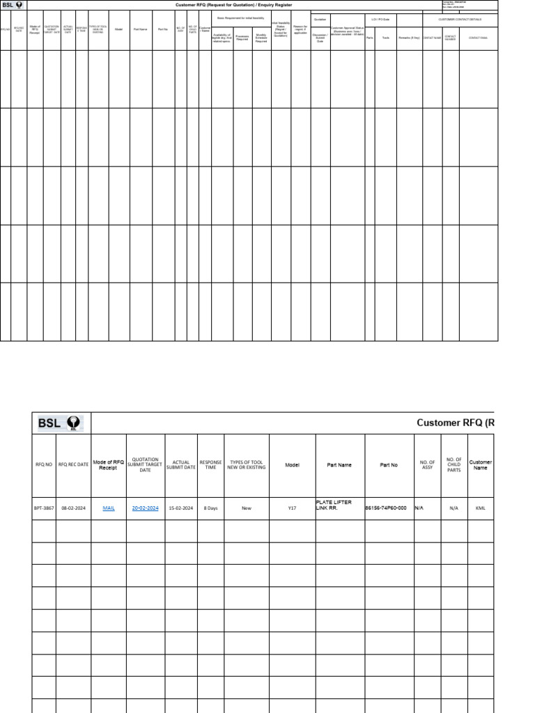 RFQ Enquiry Register Template | PDF