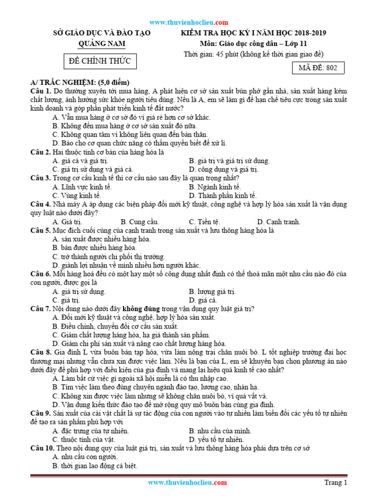 De Thi HK1 GDCD 11 Quang Nam 2018 2019 | PDF