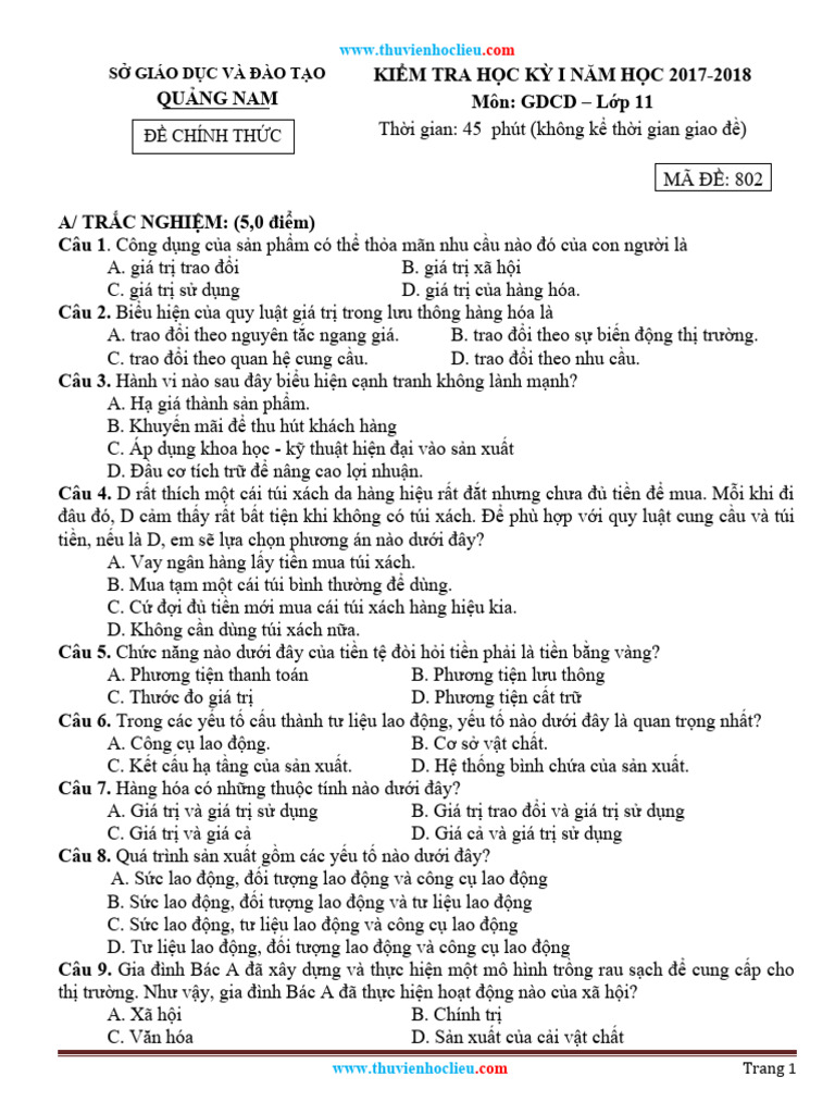 De Thi HK1 GDCD 11 Quang Nam 2017 2018 | PDF