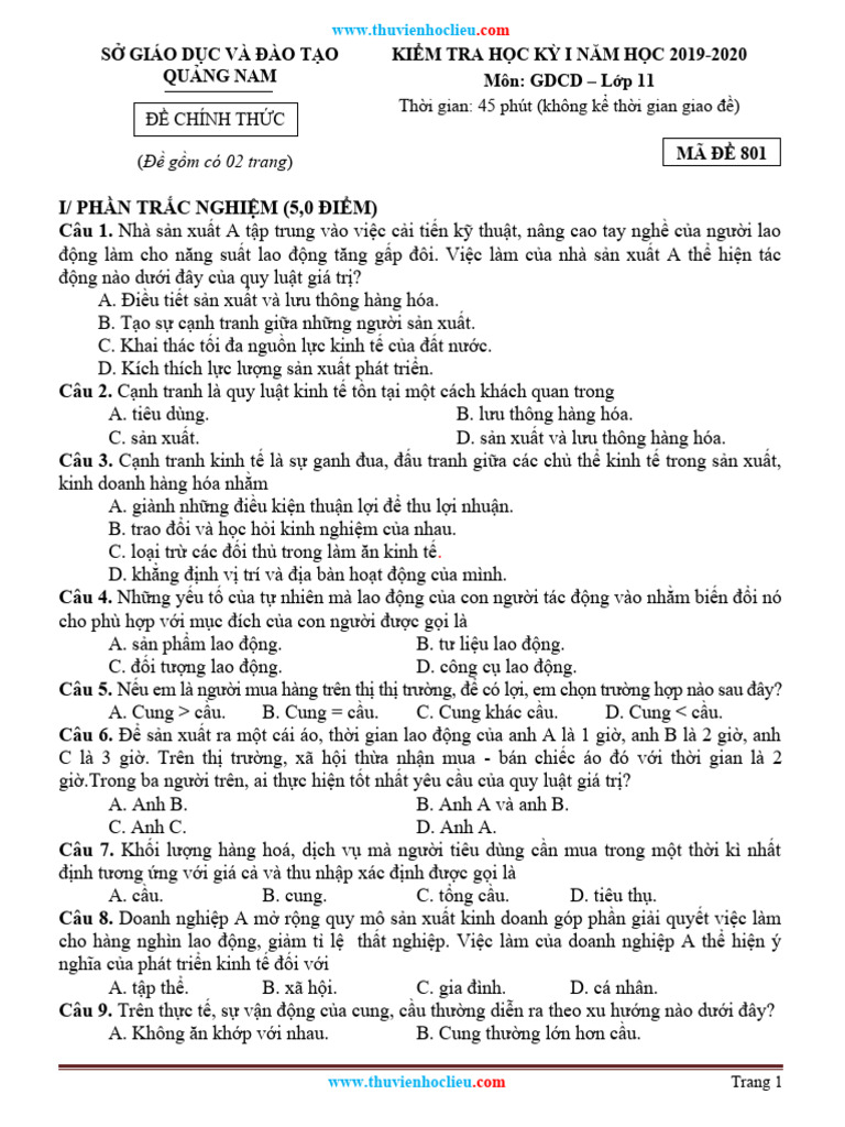 De Thi HK1 GDCD Quang Nam 2019 2020 | PDF