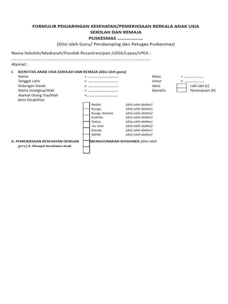 Formulir Pemeriksaan Kesehatan Anak | PDF