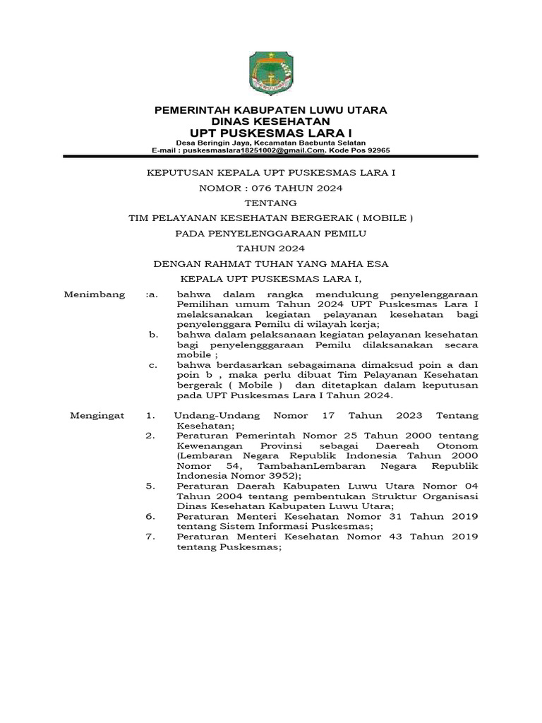 SK Tim Kesehatan PKM Lara DLM Rangka Pemilu | PDF