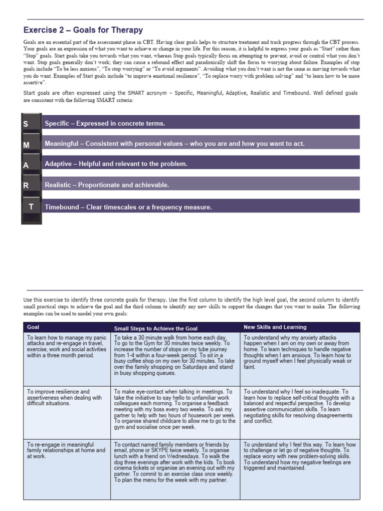 Think CBT - Exercise 2 Goals For Therapy | PDF | Goal | Cognitive ...