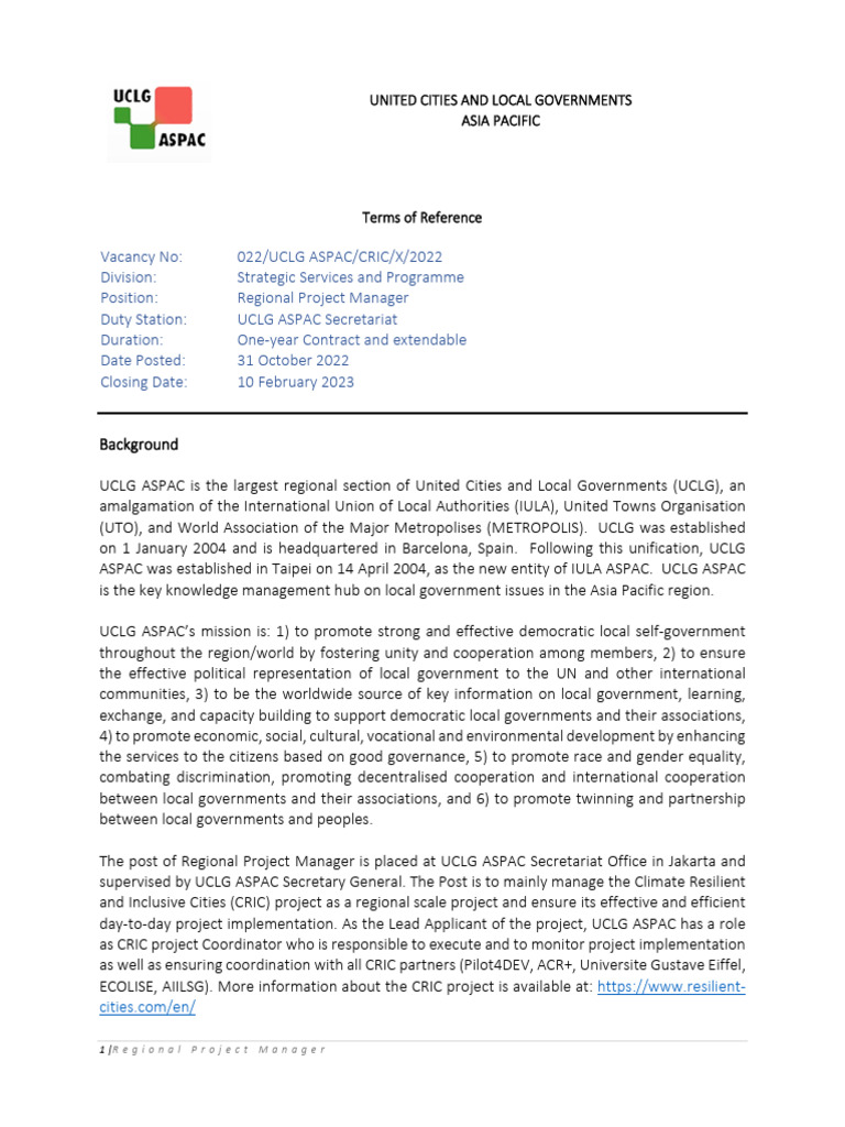 022 TOR Regional Project Manager CRIC Project - Final Posting III | PDF ...