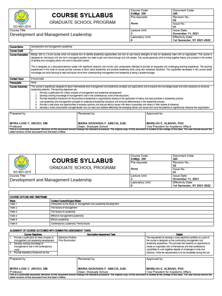 Graduate School Syllabus-EDMGT-300 | PDF | Leadership | Theory