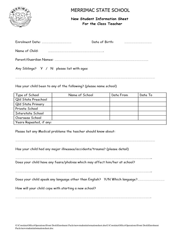 New Student Info Sheet for Parents | PDF | Family | Human Development