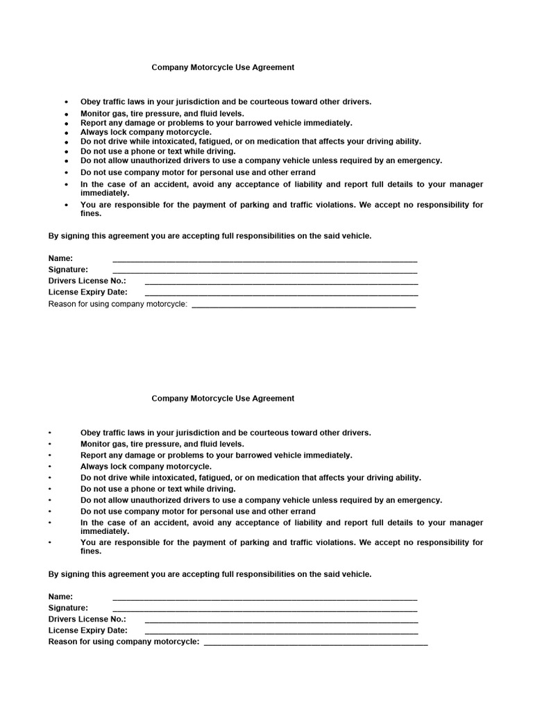 Company Motorcycle Use Agreement Guidelines | PDF | Driving | Traffic