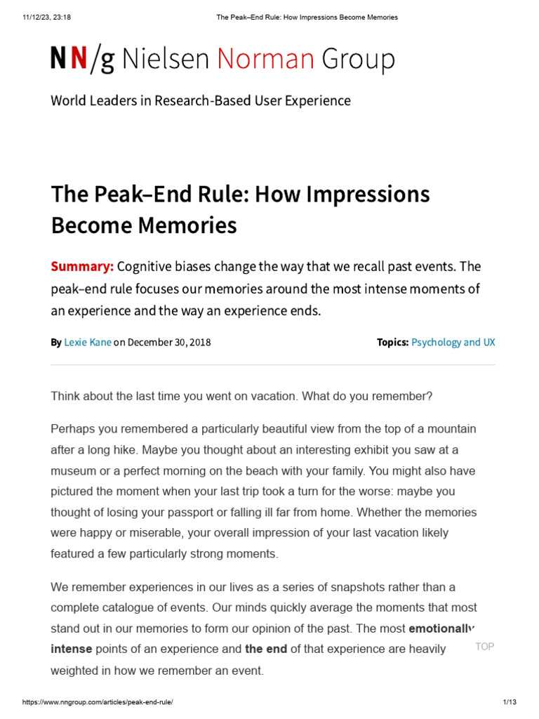 The Peak-End Rule - How Impressions Become Memories | PDF | Menu ...