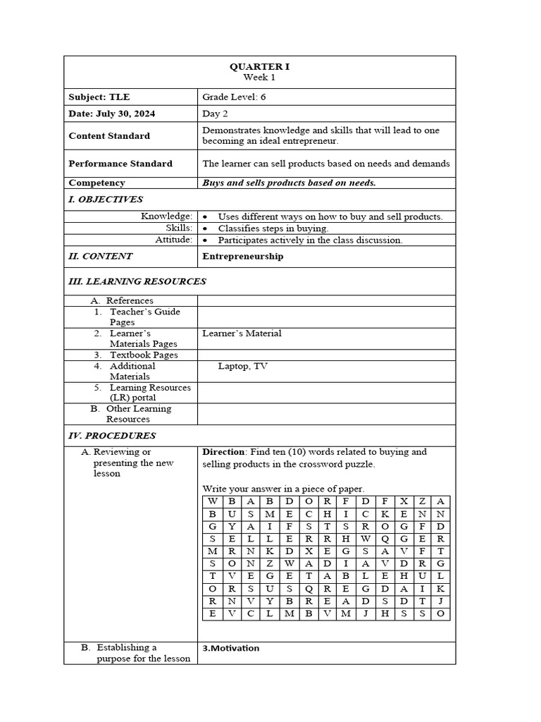 Epp 6 Q1 Week1 Day2 | PDF | Sales | Goods