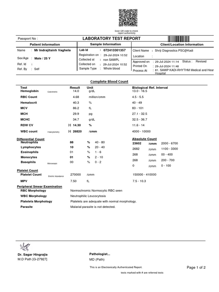 Laboratory Test Report: Complete Blood Count | PDF | White Blood Cell ...