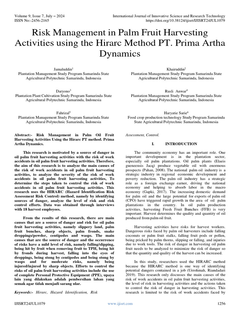 Risk Management in Palm Fruit Harvesting Activities Using The Hirarc ...