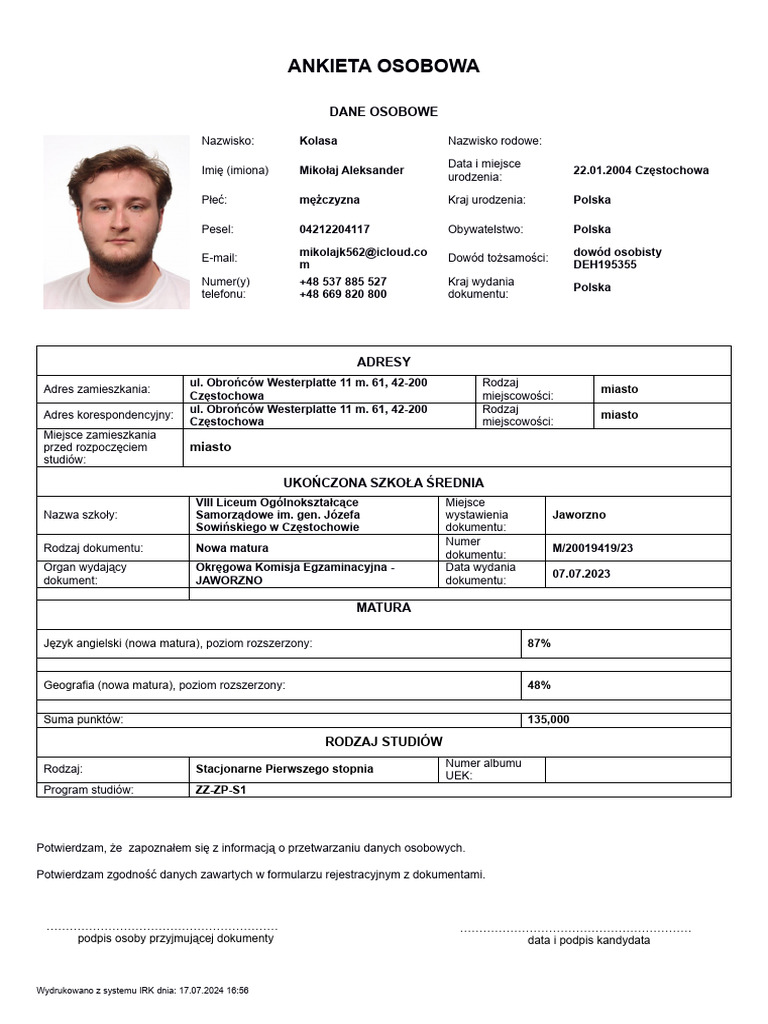 Ankieta Osobowa | PDF