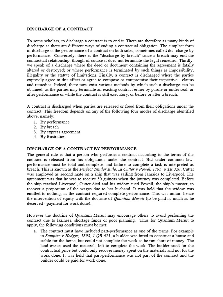 Discharge of A Contract Full Notes | PDF | Damages | Breach Of Contract