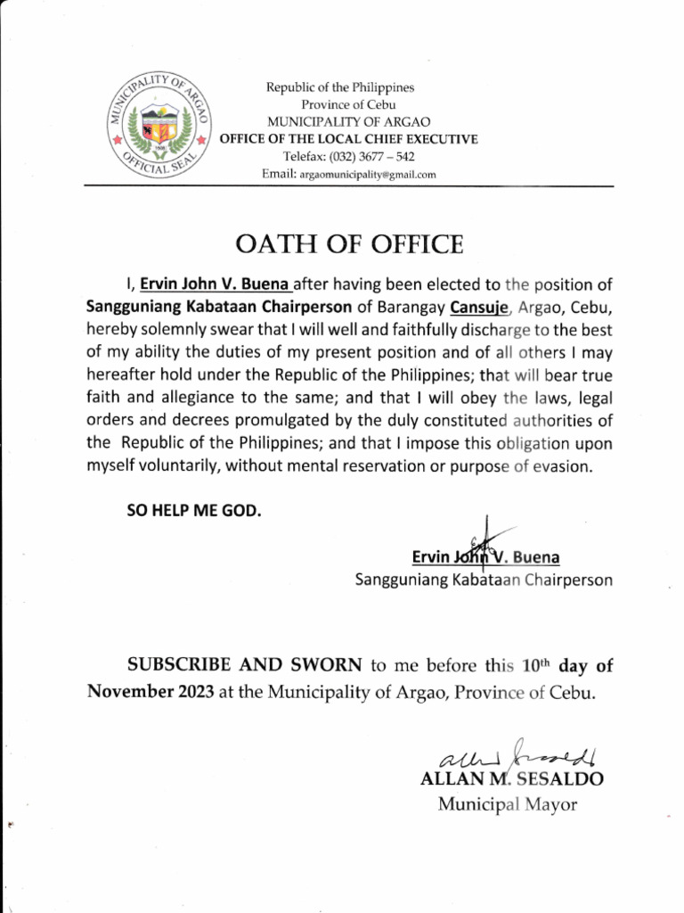 Oath of Office for SK Chairperson | PDF