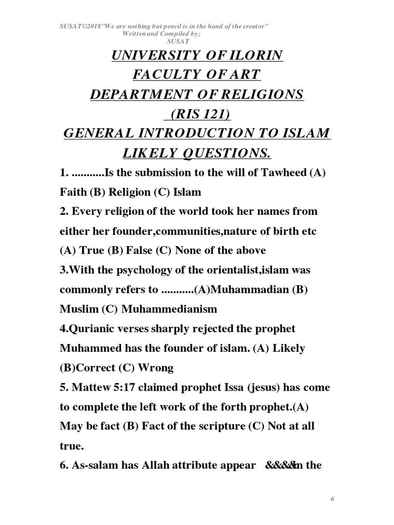 Ris 121 Past Questions & Answers-1 | PDF | Tawhid | Hadith