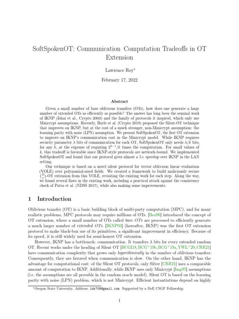 Softspokenot: Communication-Computation Tradeoffs in Ot Extension | PDF | Matrix (Mathematics ...