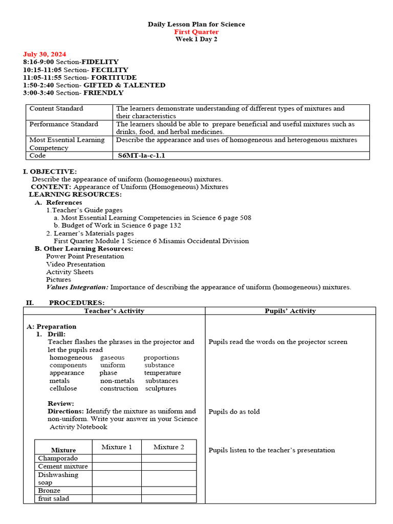 0week 1 Day 2 Describe The Appearance of Uniform (Homogeneous) Mixtures ...