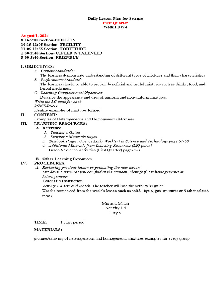 Heterogeneous Mixtures Lesson Plan | PDF | Mixture | Homogeneity And ...
