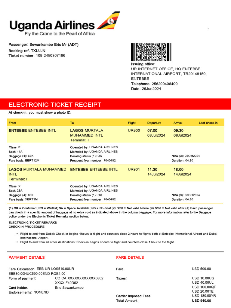 Uganda Airlines Electronic Ticket Receipt | PDF