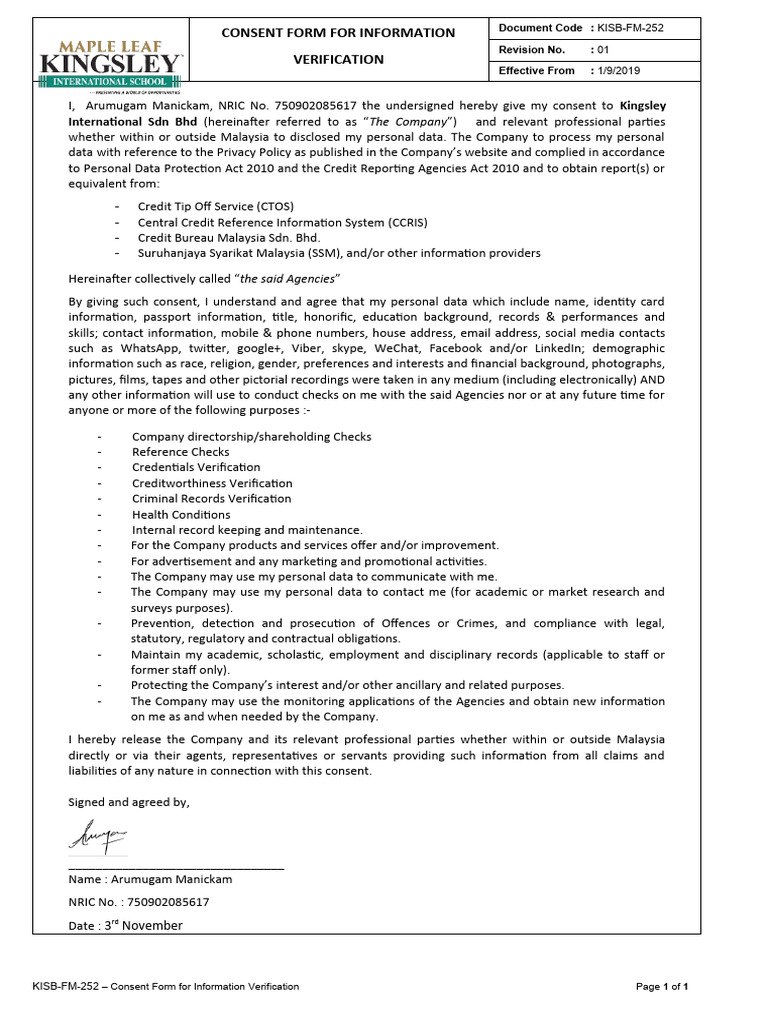 Consent Form For Information Verification - Maple Leaf Kingsley ...