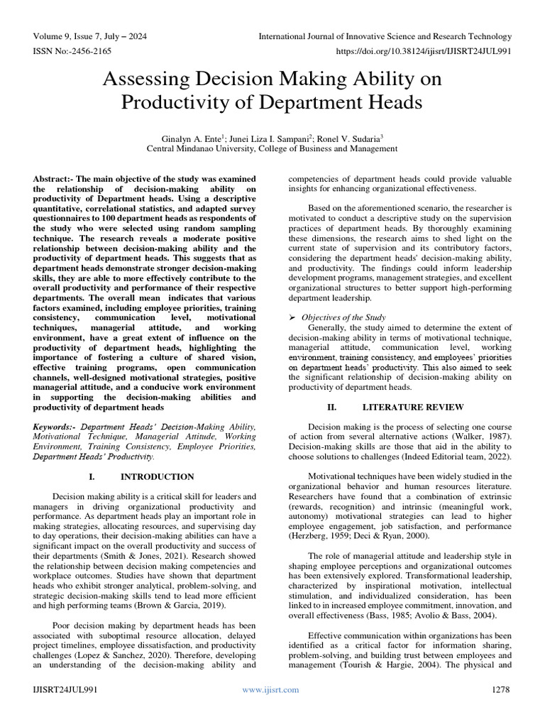 Assessing Decision Making Ability On Productivity of Department Heads | PDF | Motivational ...