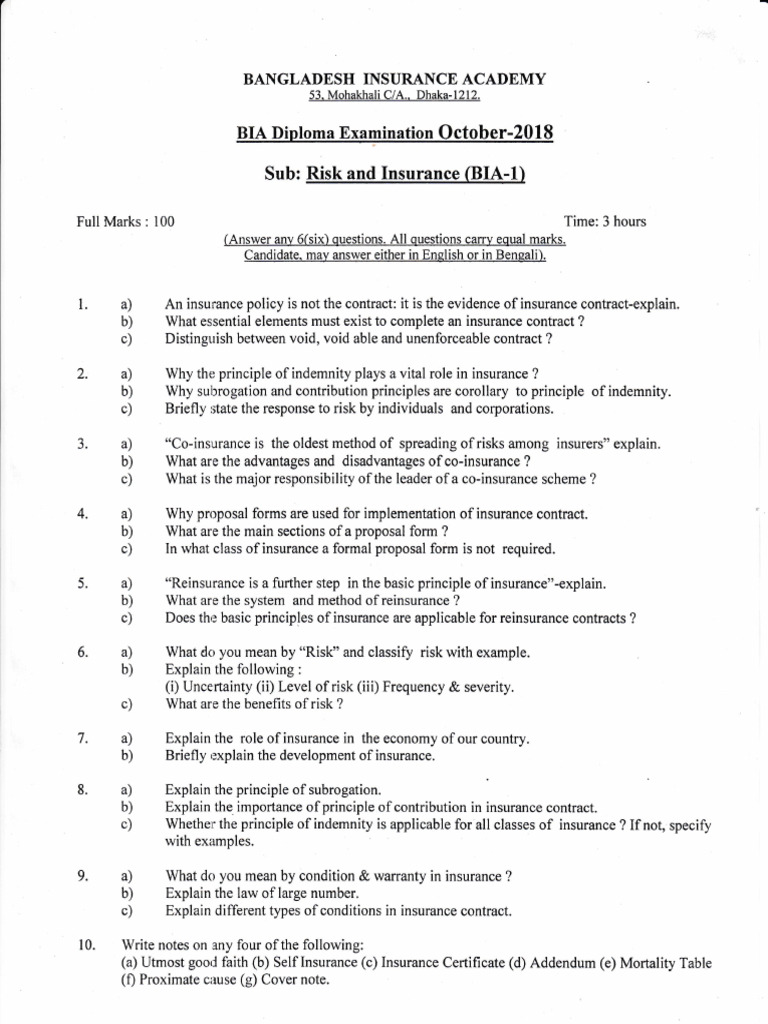 BIA 1 Dip Question Oct 18 | PDF | Insurance | Reinsurance