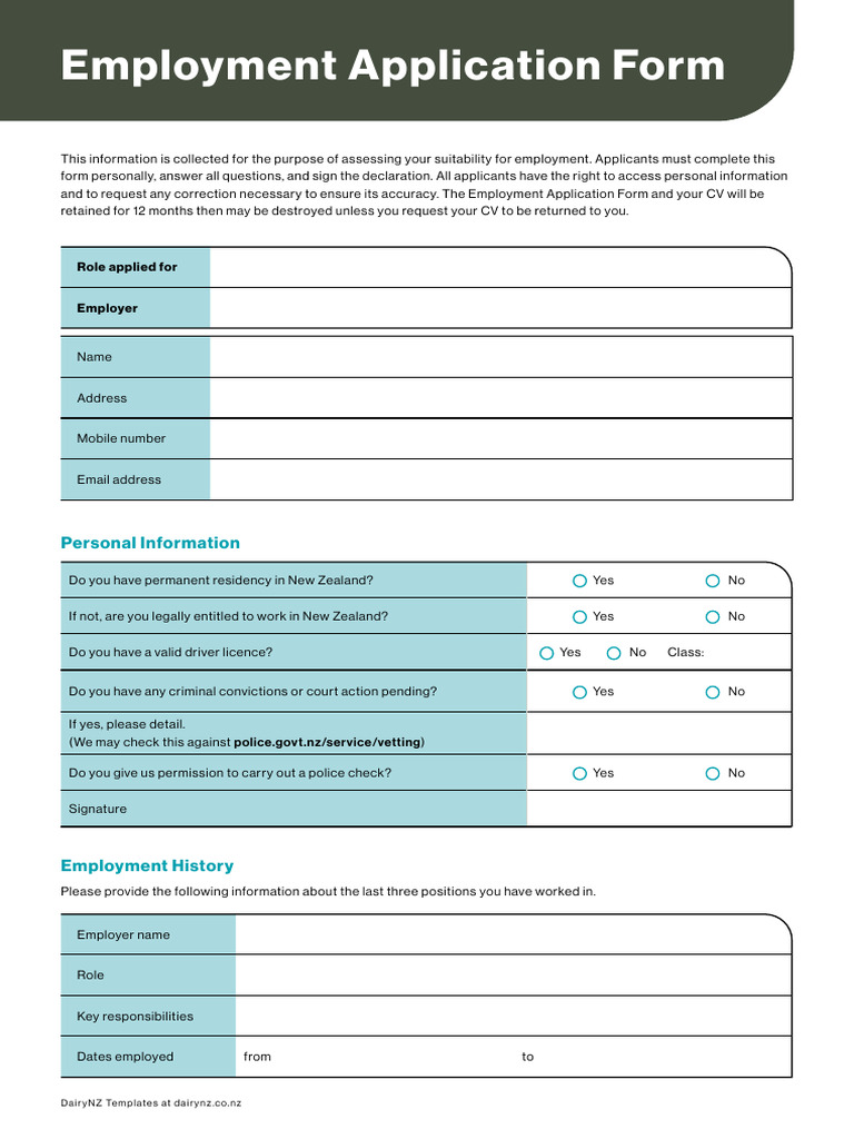 DairyNZ Employment Application Form | PDF | Sensitivity And Specificity