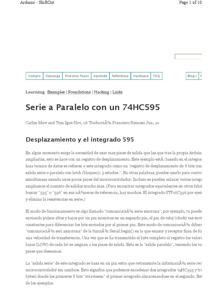 WWW - Arduino.cc Es Tutorial Shiftout | PDF | Arduino | Poco WWW - Arduino.cc Es Tutorial Shiftout | PDF | Arduino | Poco