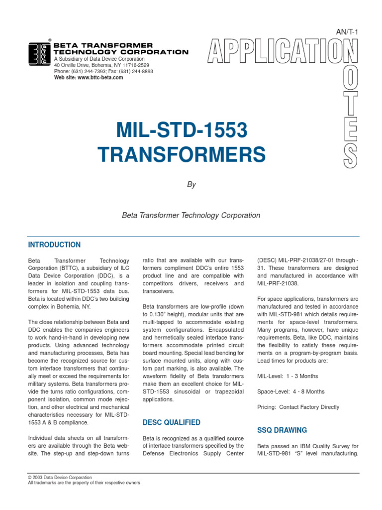 Mil STD 1553 Transformers | PDF | Transformer | Electrical Impedance