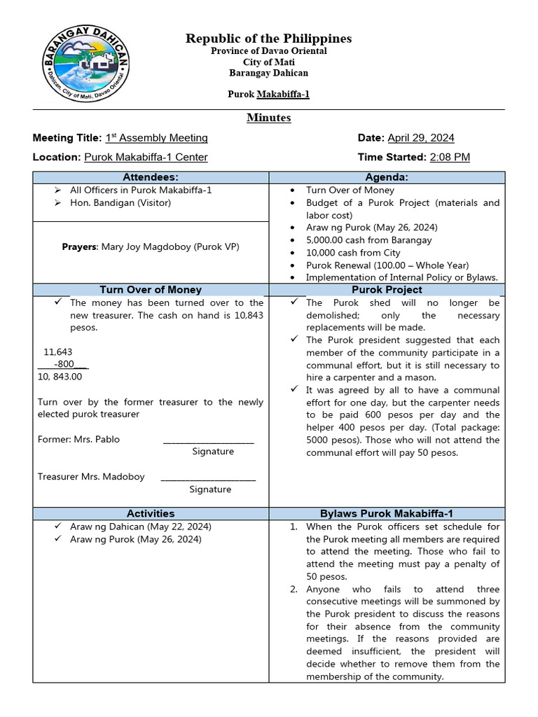 Purok Makabiffa-1 Assembly Meeting Minutes | PDF