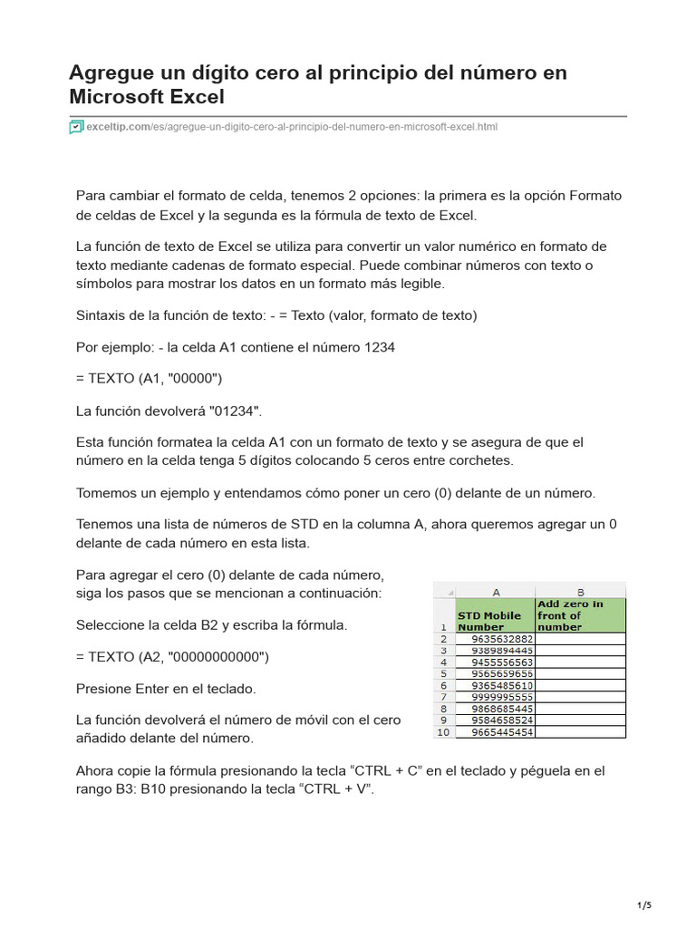 Agregue Un Dígito Cero Al Principio Del Número en Microsoft Excel | PDF ...