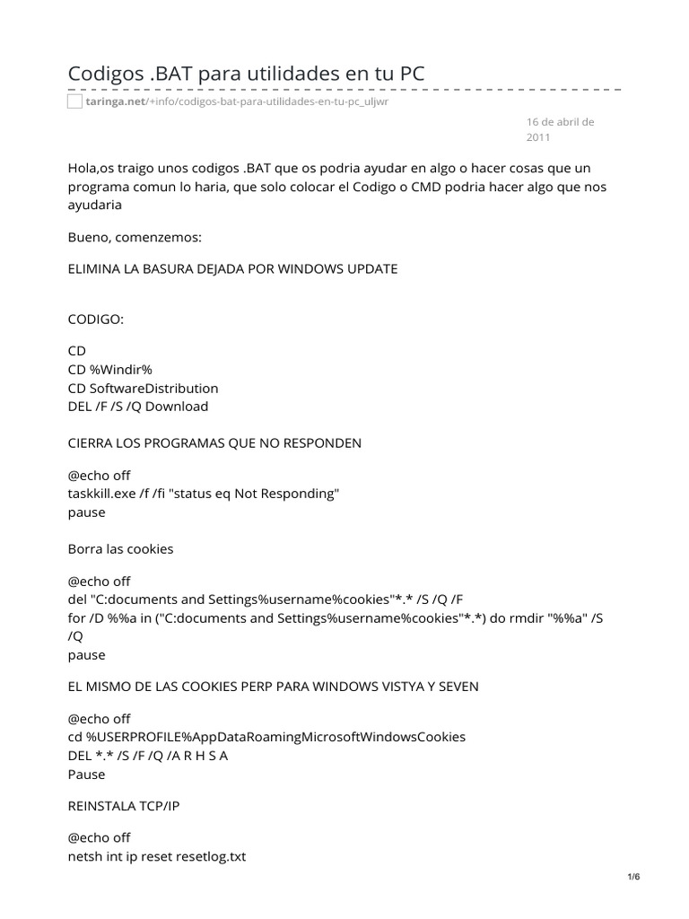 Codigos Bat Para Utilidades En Tu Pc Pdf Archivo De Computadora