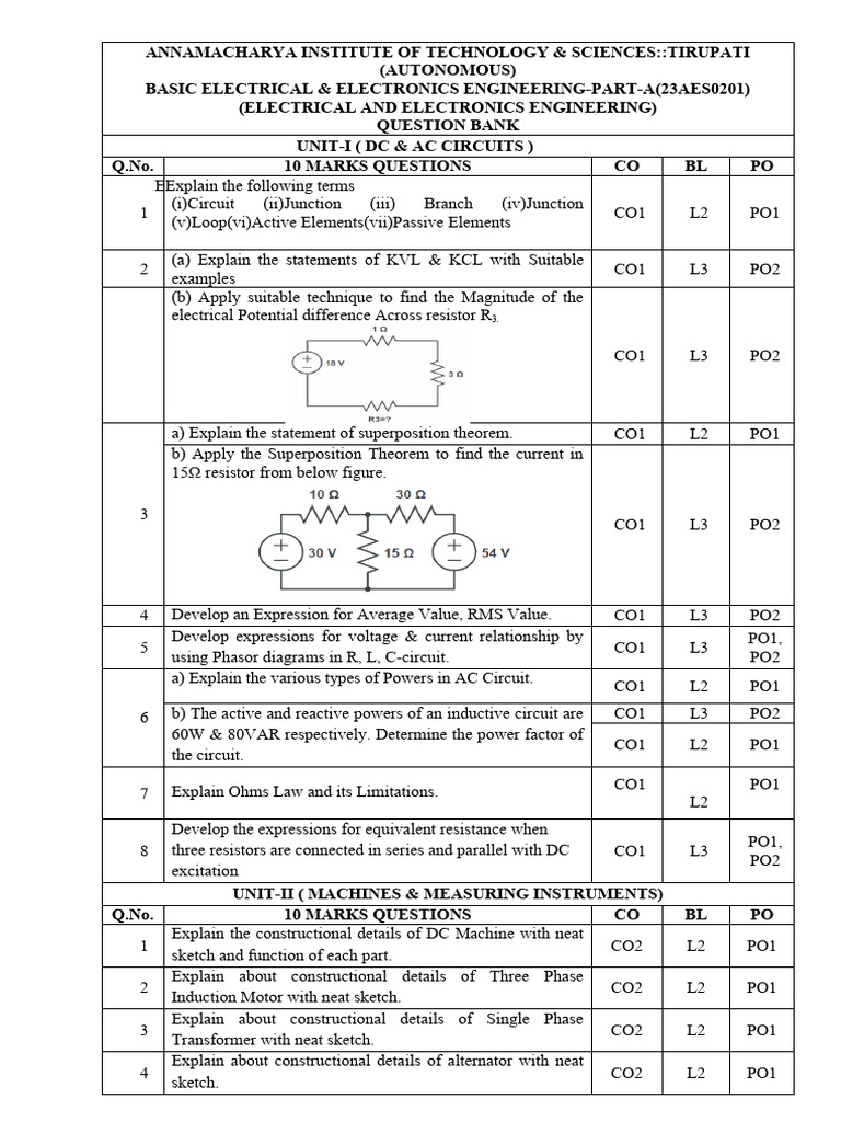 Beee Part - A Question Bank | PDF | Electrical Network | Resistor