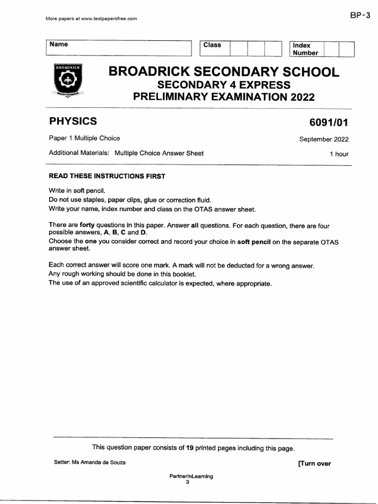 Sec4 2022 Physics Prelims Broadrick | PDF