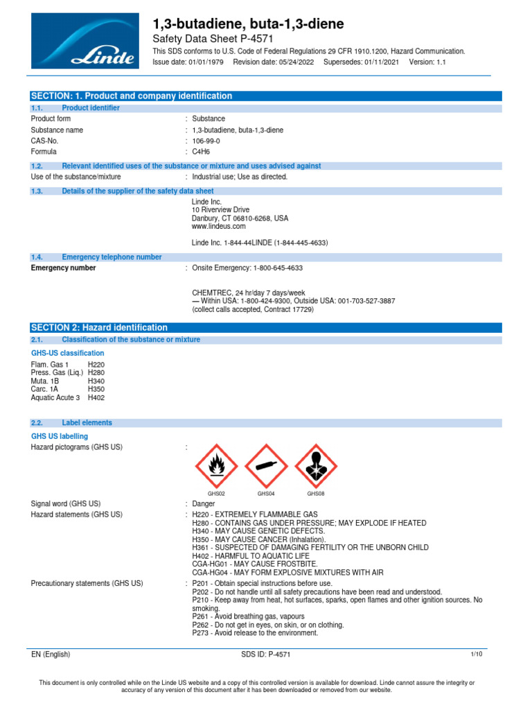 1,3-Butadiene, Buta-1,3-Diene: Safety Data Sheet P-4571 | PDF ...