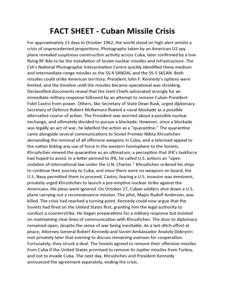 Fact Sheet | PDF | Cuban Missile Crisis | International Security