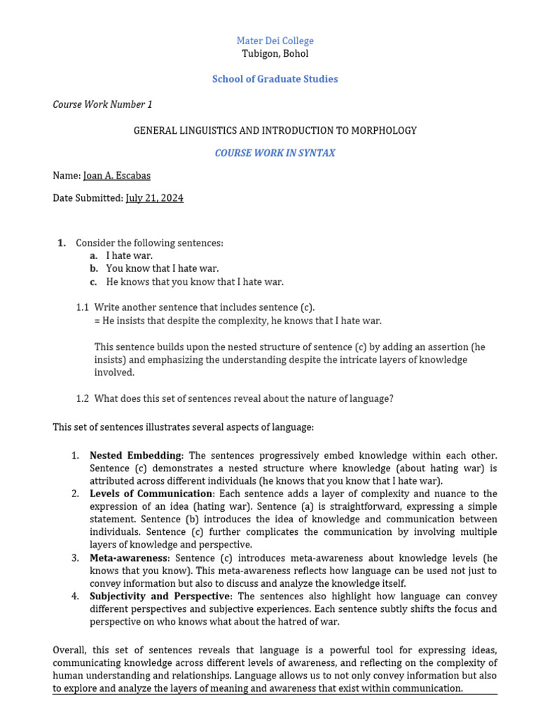 CW 3 Gen Ling Syntax | PDF | Phrase | Linguistic Morphology