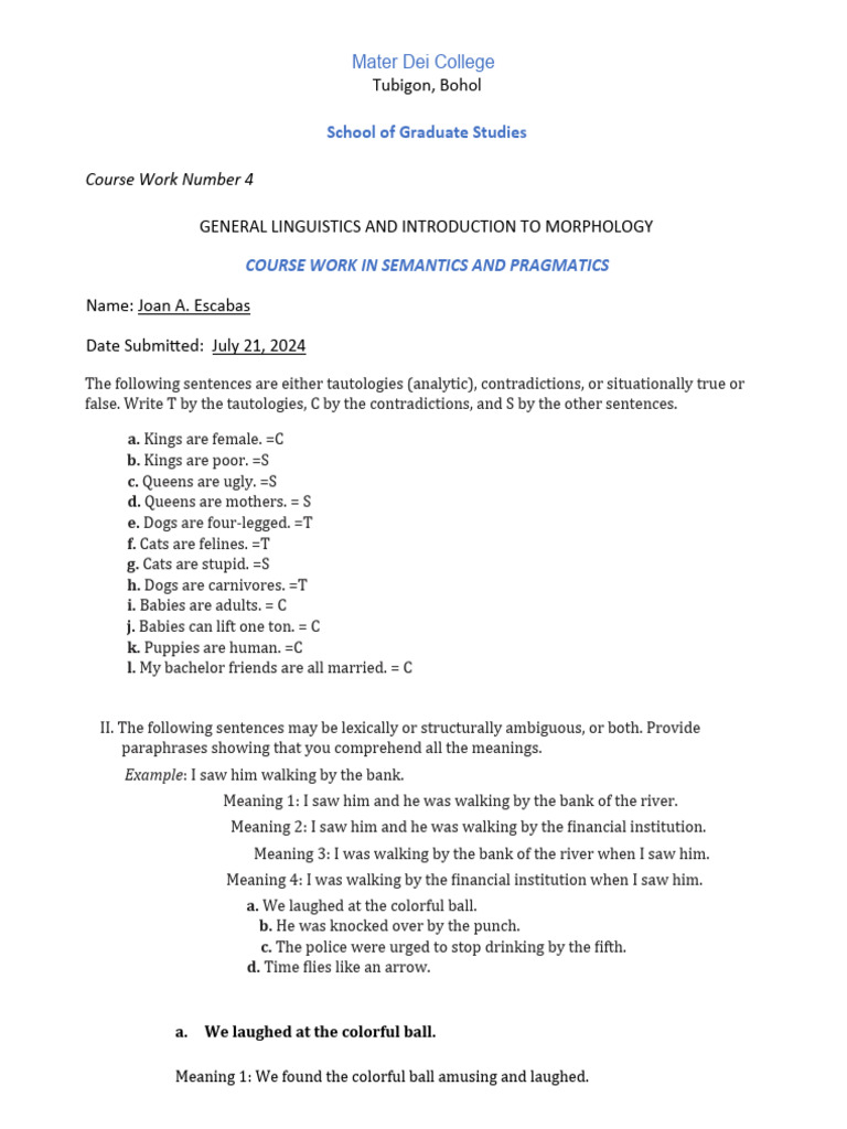 CW4 Gen Ling Semantics and Pragmatics | PDF | Ownership | Grammar