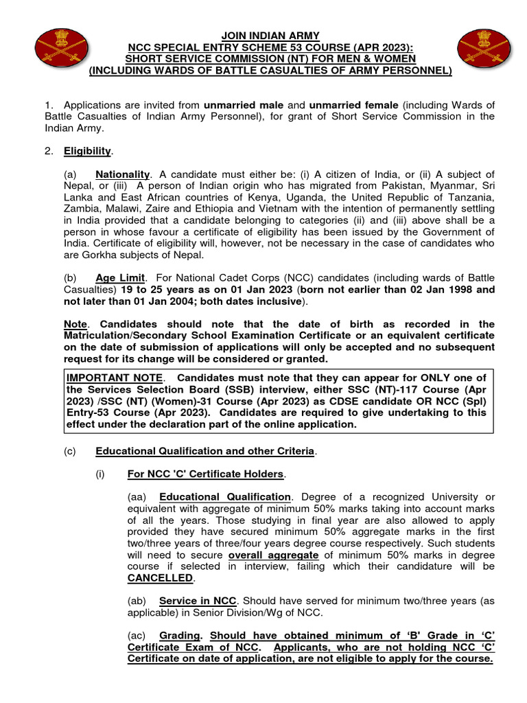 Notification Indian Army NCC Female 53 Stage Notice | PDF | Military Rank | Cadet