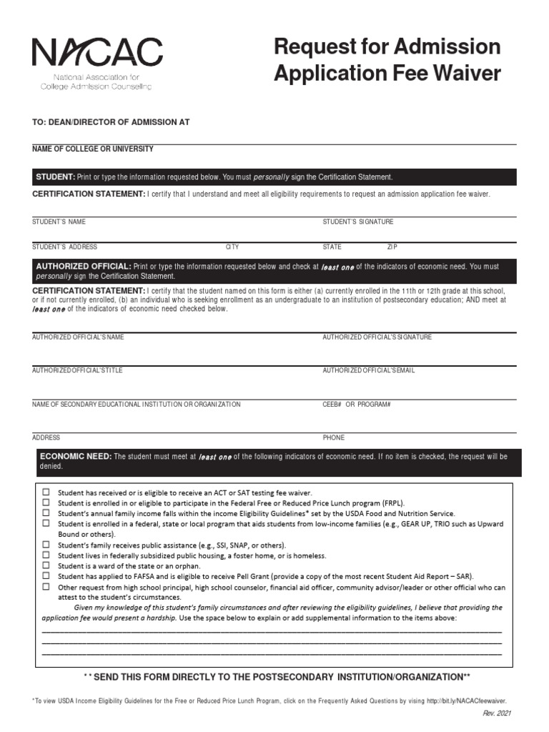 Admission Application Fee Waiver Request Fillable Accessible | PDF | University And College ...