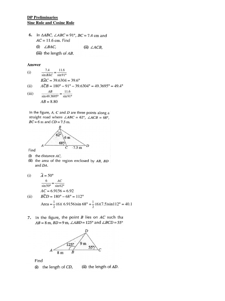 DP Preliminaries Sine And Cosine Rule Answers PDF Mathematical