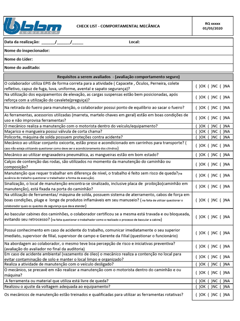Check List - Comportamental 2020 - Mecânica | PDF | Tecnologia e Engenharia