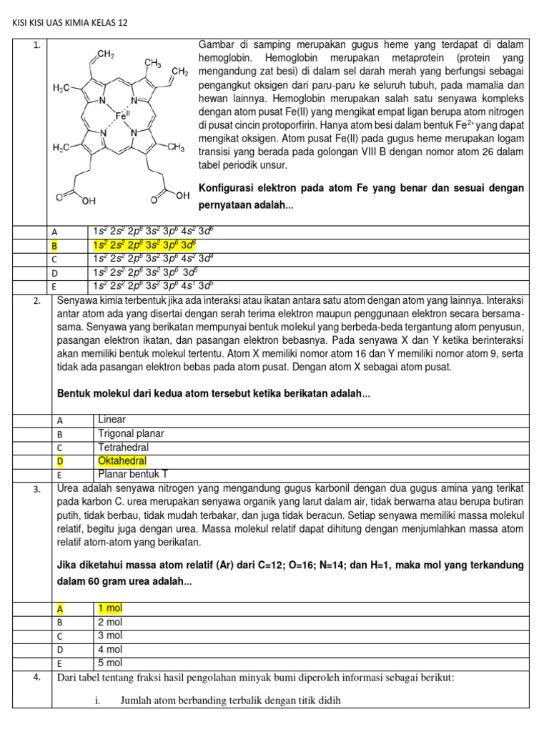 Kisi Kisi Uas Kimia Kelas 12 Tahun 2023 | PDF