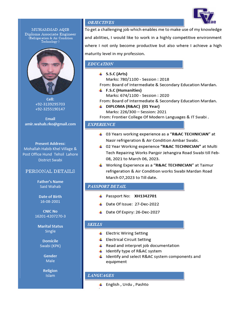 Muhammad Aqib DAE Electrical CV | PDF | Technology & Engineering
