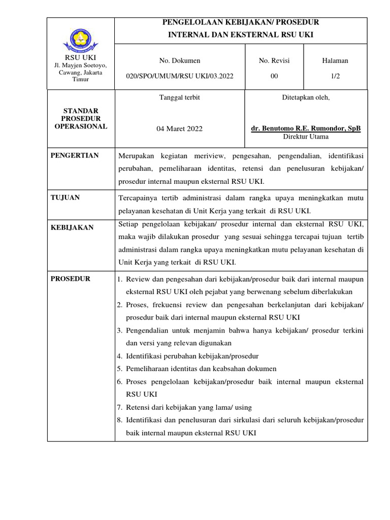 20-Spo Pengelolaan Kebijakan Prosedur Internal Dan Eksternal Rsu Uki 2018 - 05.03.2022 | PDF