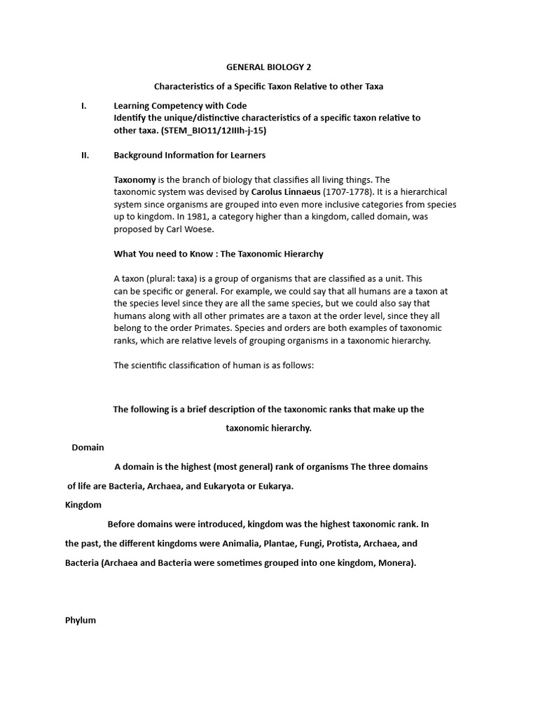 Biology Module Melc 10 Chjaracteristics Os Specific Taxon | PDF | Taxonomy (Biology) | Genus