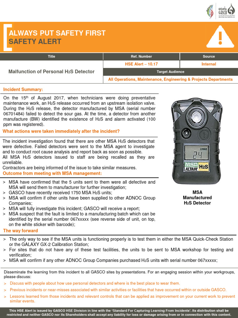 ADNOC GP Safety Alert Malfunction of MSA Personal H2S Detector | PDF