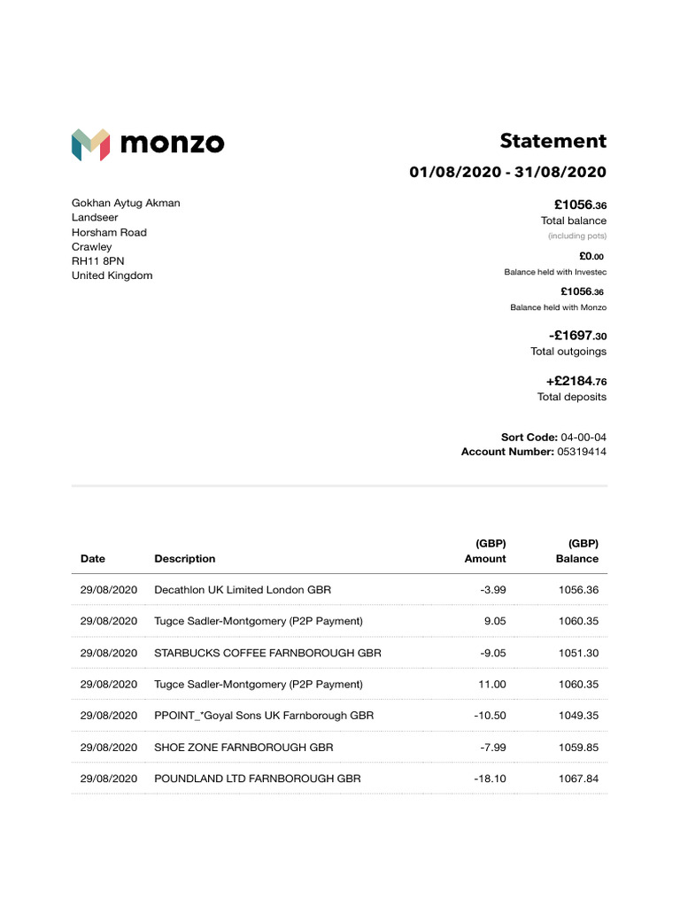 Monzo Bank Statement 2020 11 16 143129 | PDF | Financial Services ...