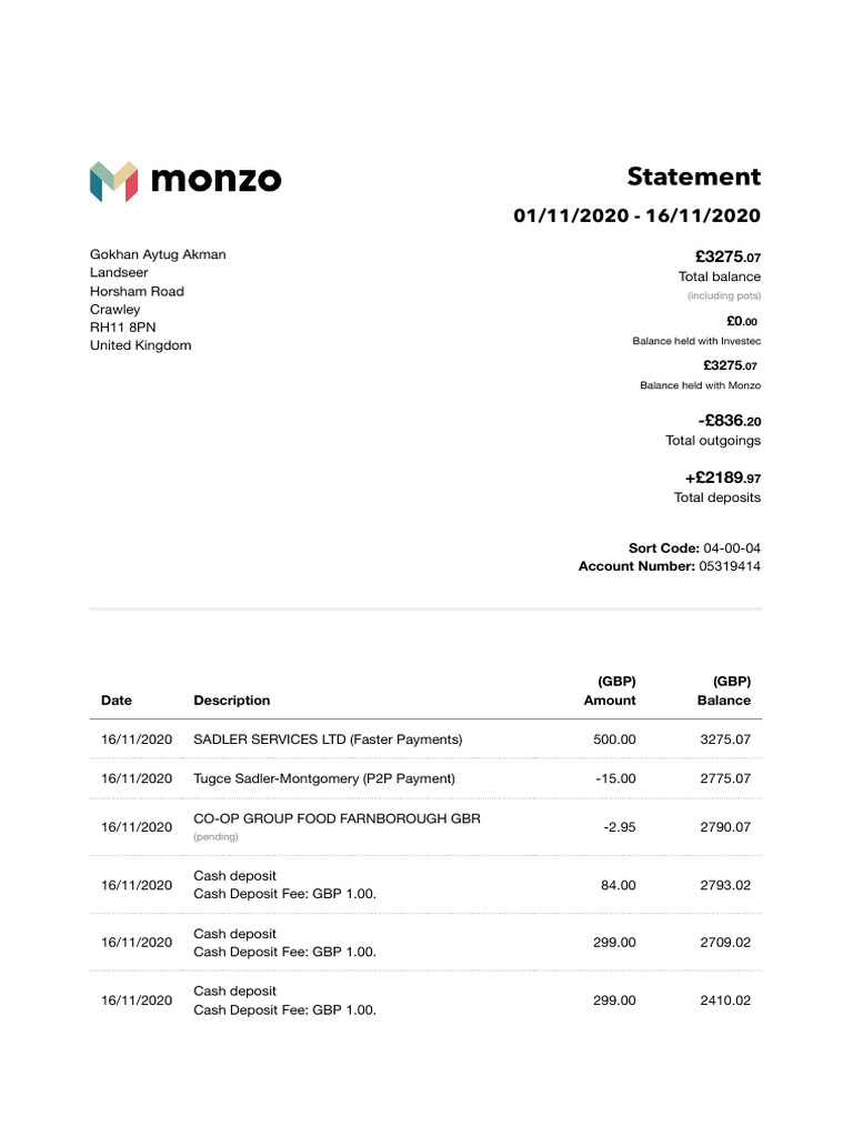 Monzo Bank Statement 2020 11 16 155519 | PDF | Business | Financial ...