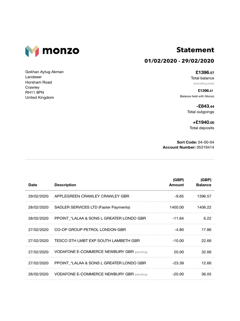 Monzo Bank Statement 2020 11 16 135717 | PDF | Personal Finance | Banking